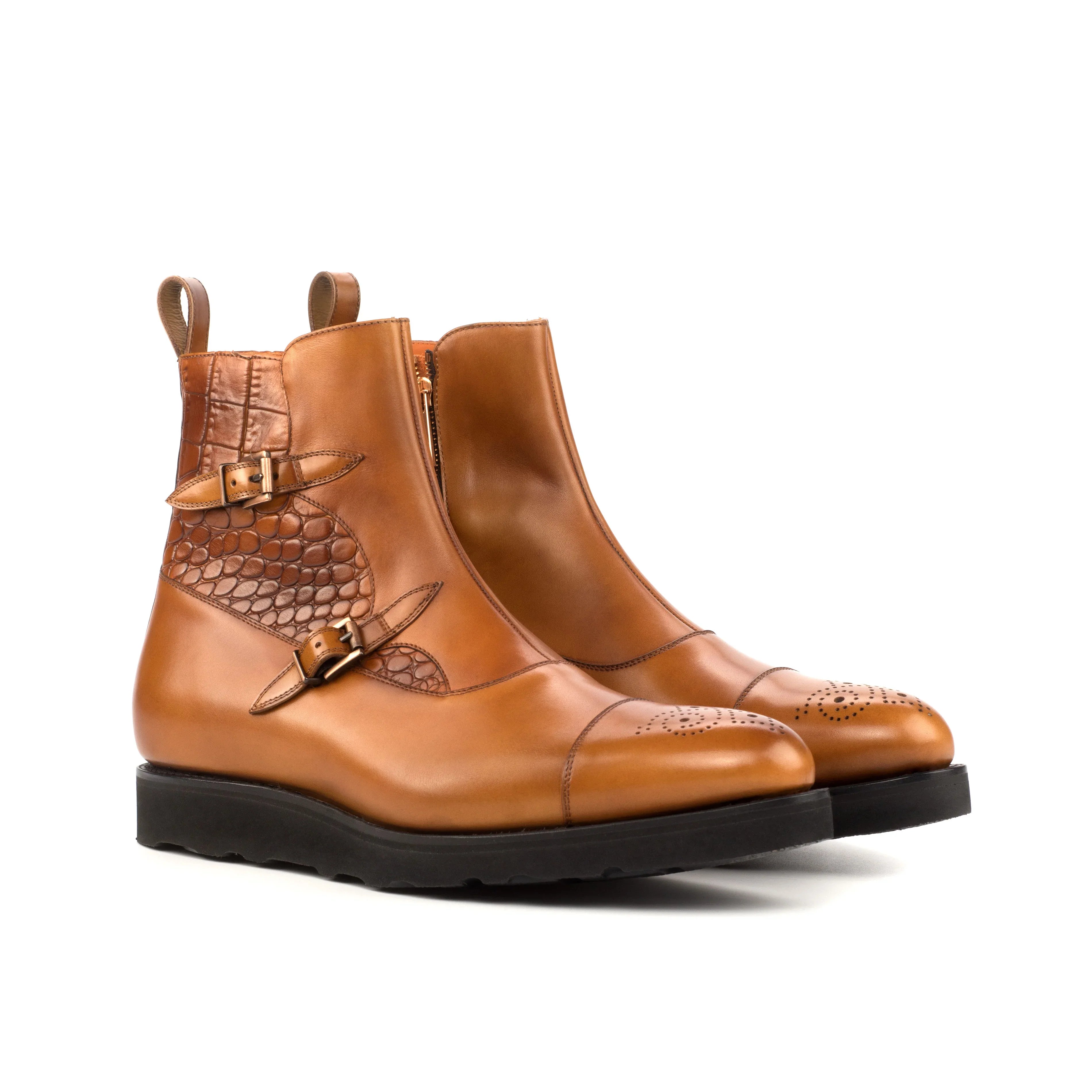 Bespoke Cognac Calf & Croco Double-Monk Boots – ADORSI