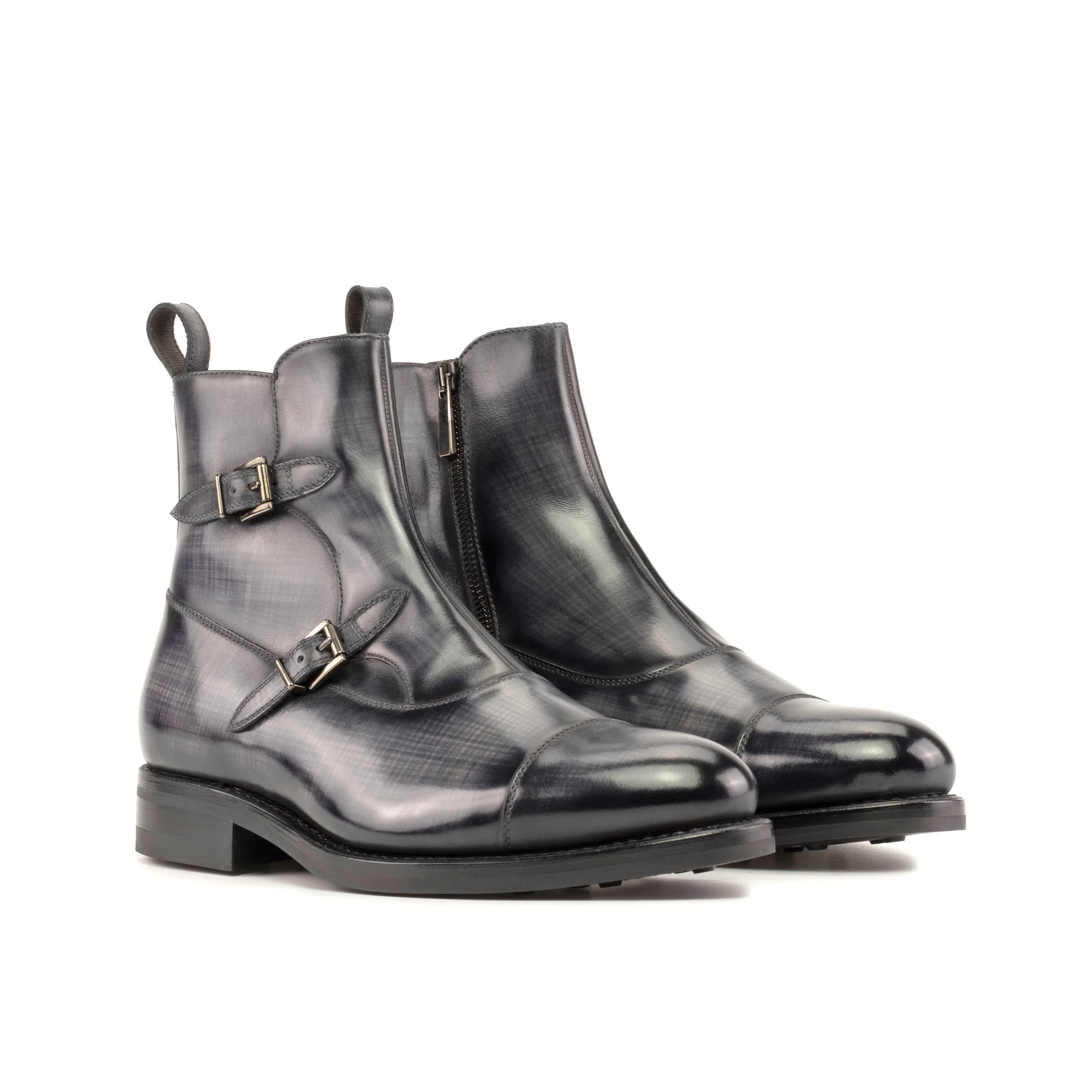 Custom Grey Double Monk Boots | Hand Patina Leather – ADORSI